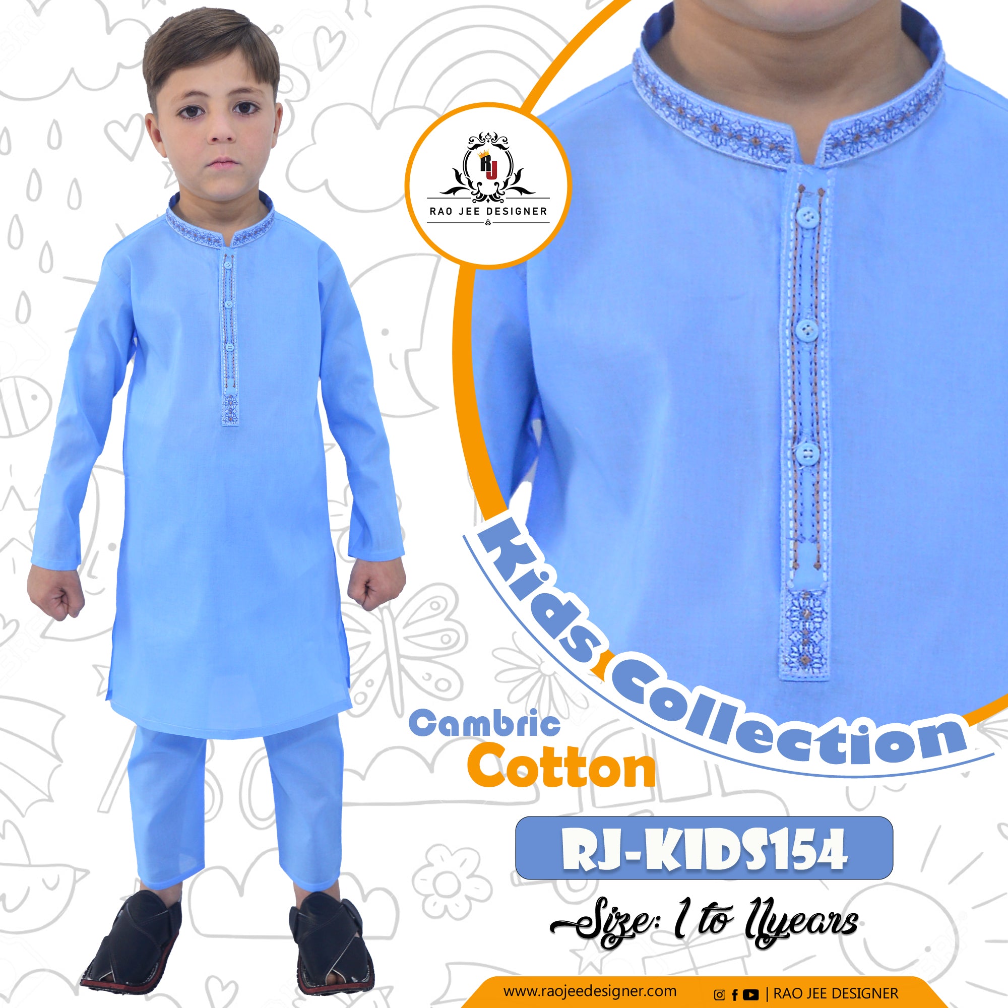 Sky blue Boy's cotton Kurta Pajama RJ-KIDS154 – Rao Jee Designer
